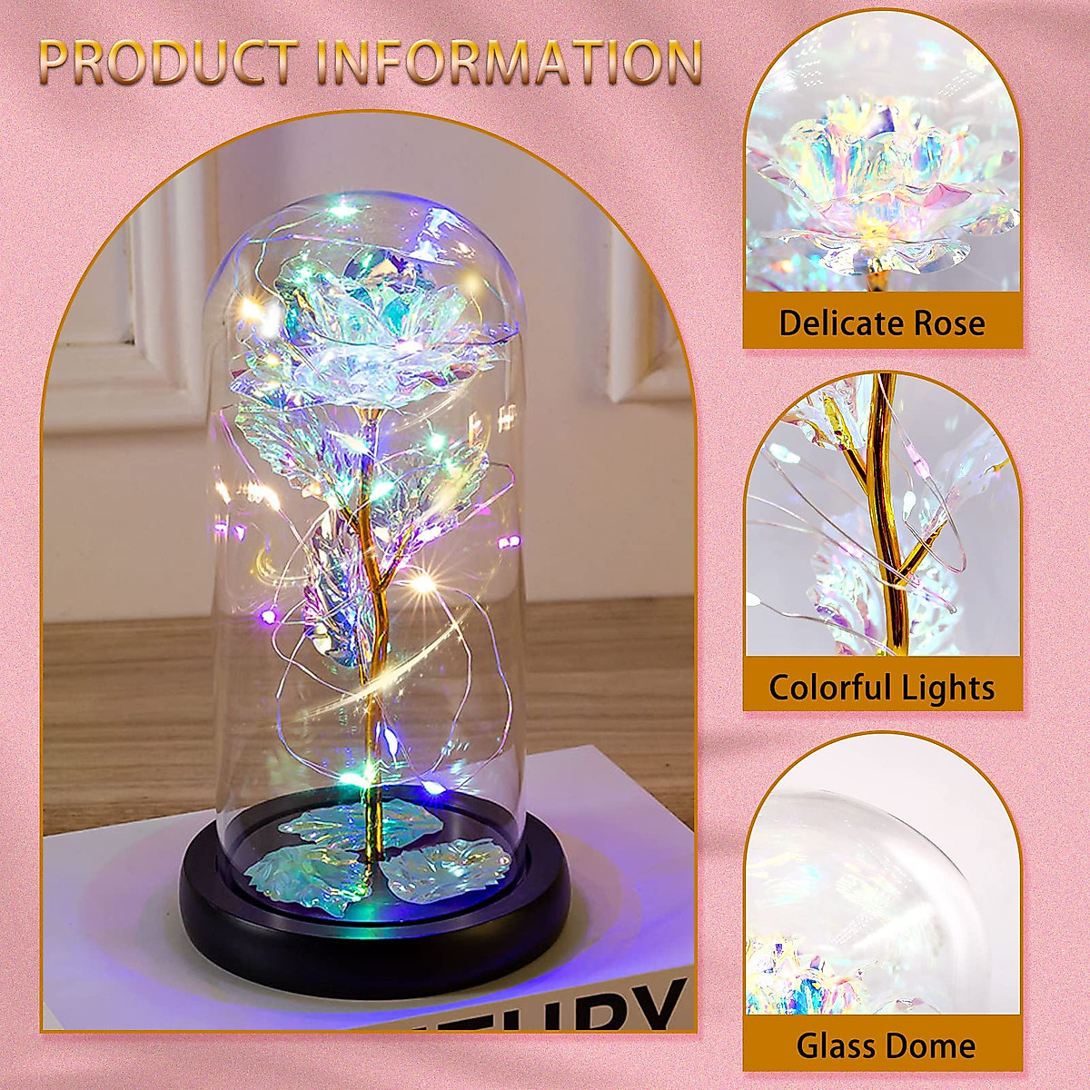 Glass Rose Gifts for Mom/Grandma/Wife, for Her with Greeting Card, Colorful Light Up Eternal Rose in A Glass Dome