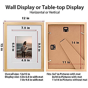 KINLINK 11x14 Picture Frames Natural Wood Frames with Acrylic Plexiglass for Pictures 5x7/8x10 with Mat or 11x14 without Mat, Tabletop and Wall Mounting Display, Set of 4