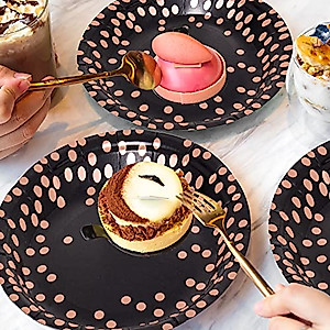 Round Disposable Black and Rose Gold Dotted Paper Plates - 50 x 9" and 50 x 7" Dinner Plates, Foil Polka Dots Occasions