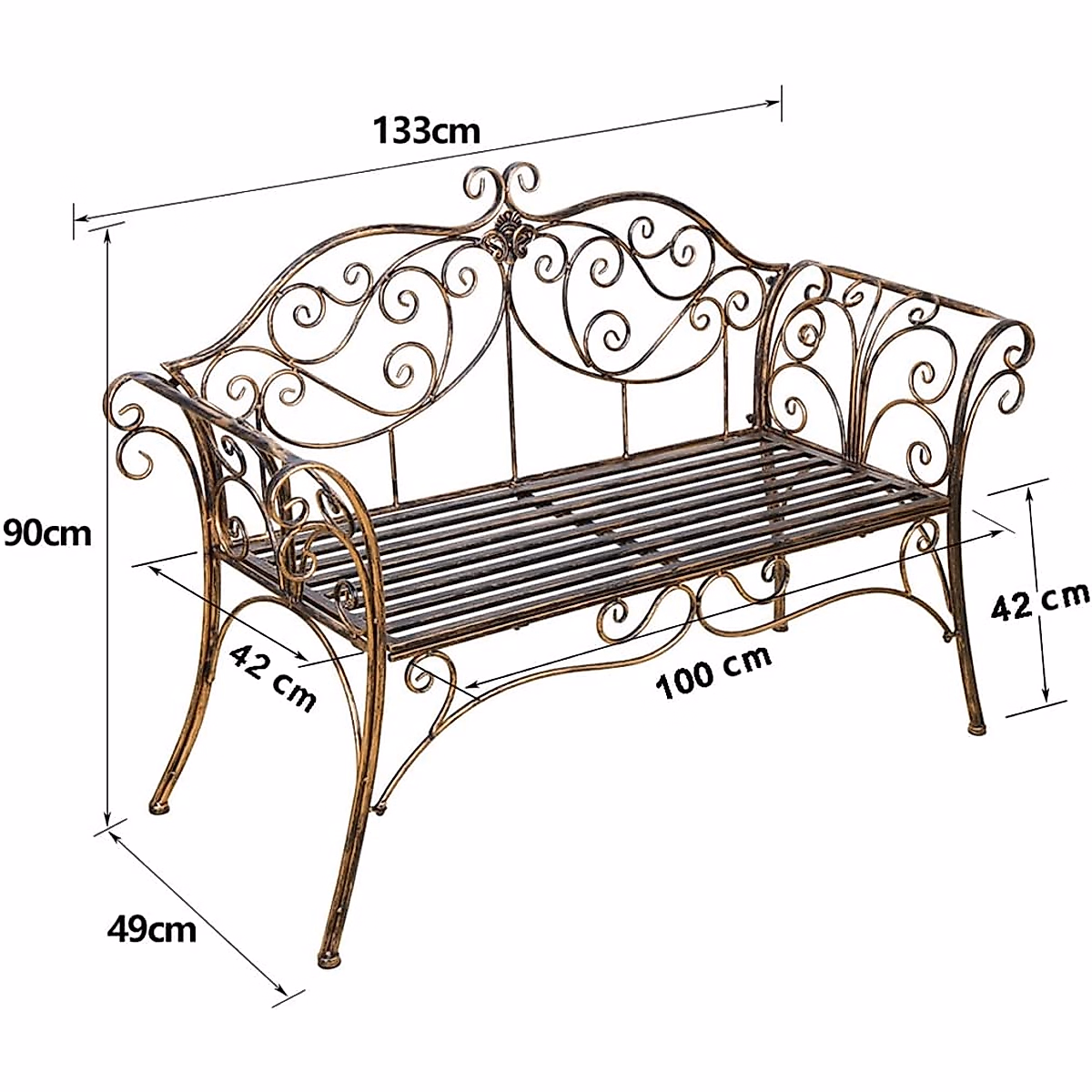 HLC Antique Bronze Metal Garden Bench Chair 2 Seater for Garden, Yard, Patio, Porch and Sunroom