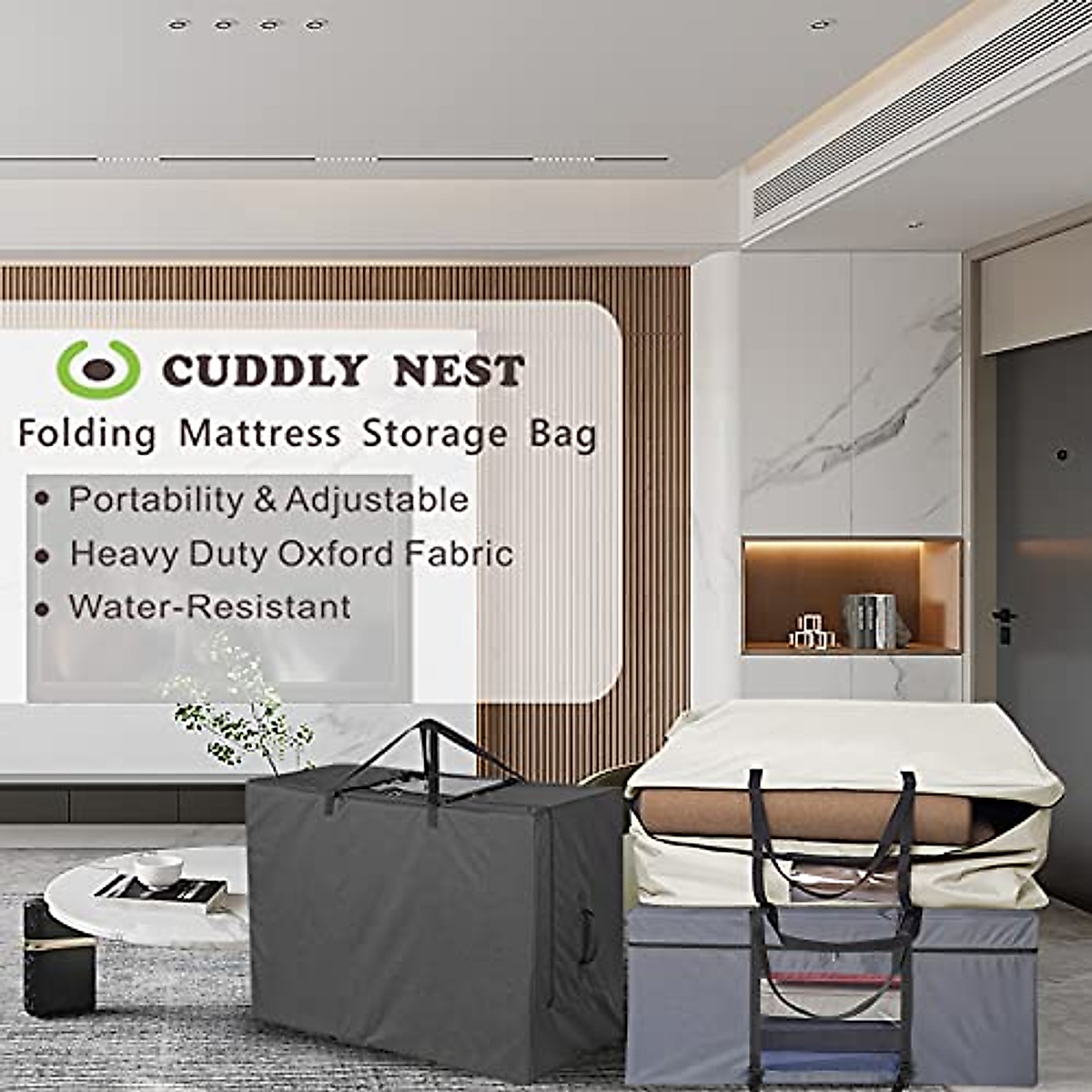 Cuddly Nest Folding Mattress Storage Bag - Heavy Duty Carry Case for Tri-Fold Guest Bed Mattress (Fits 4" Queen Mattress)