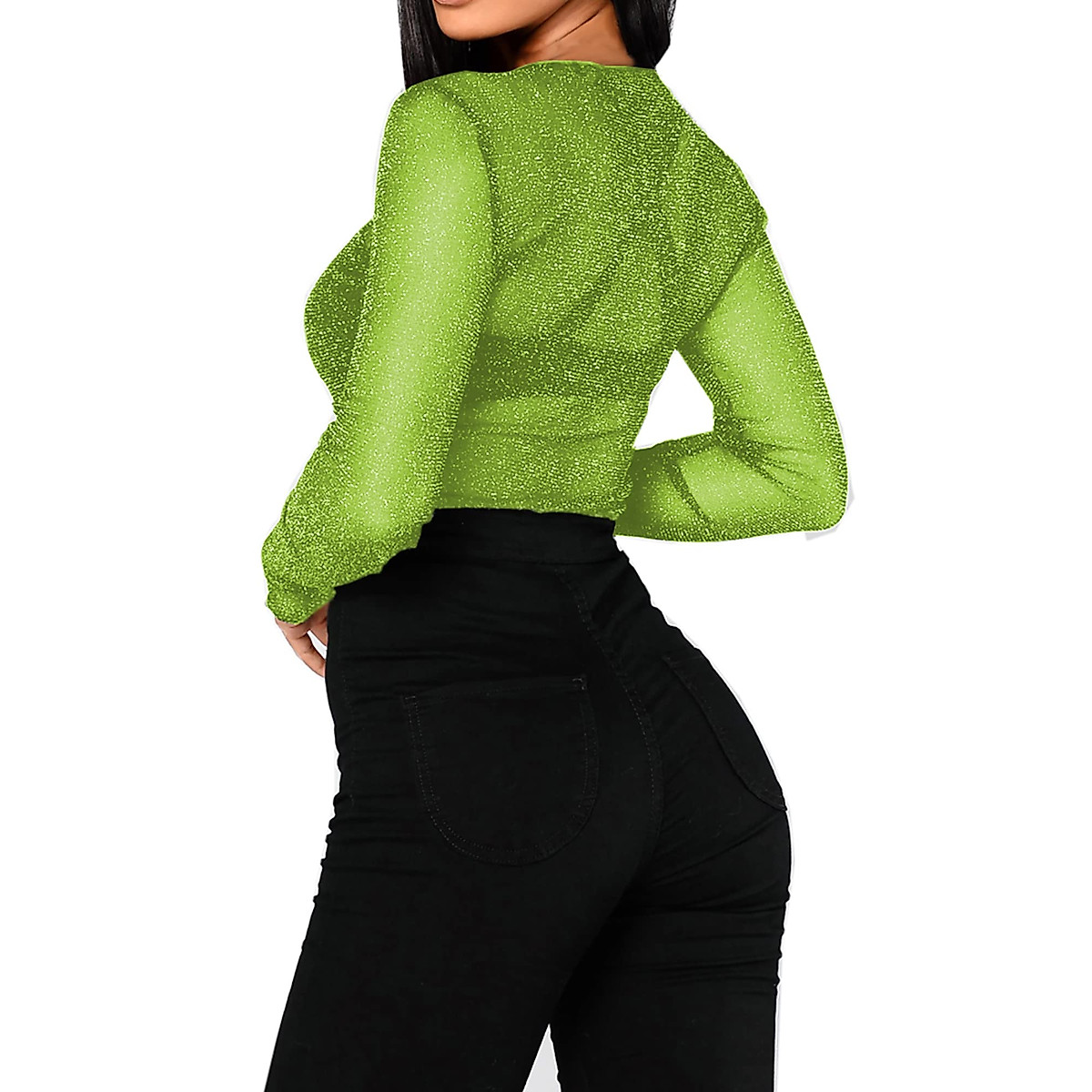 BelleLovin Women's Sheer Mesh Tops Long Sleeve Glitter Sexy Tops See Through Blouses (Neon Green, Small)
