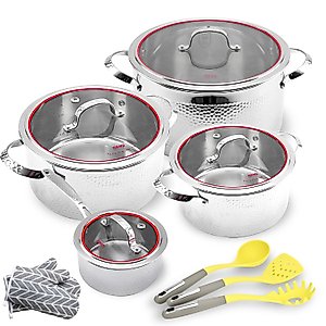 DSP 10 in 1 Premium Stainless Steel Pots Sets, 3/5 / 10 Qt Stockpots with Lids & 1.6 Qt milk pot with lid, Multi-Stove Small & Large Cooking Pot, Ideal for Soup, Dishwasher Safe