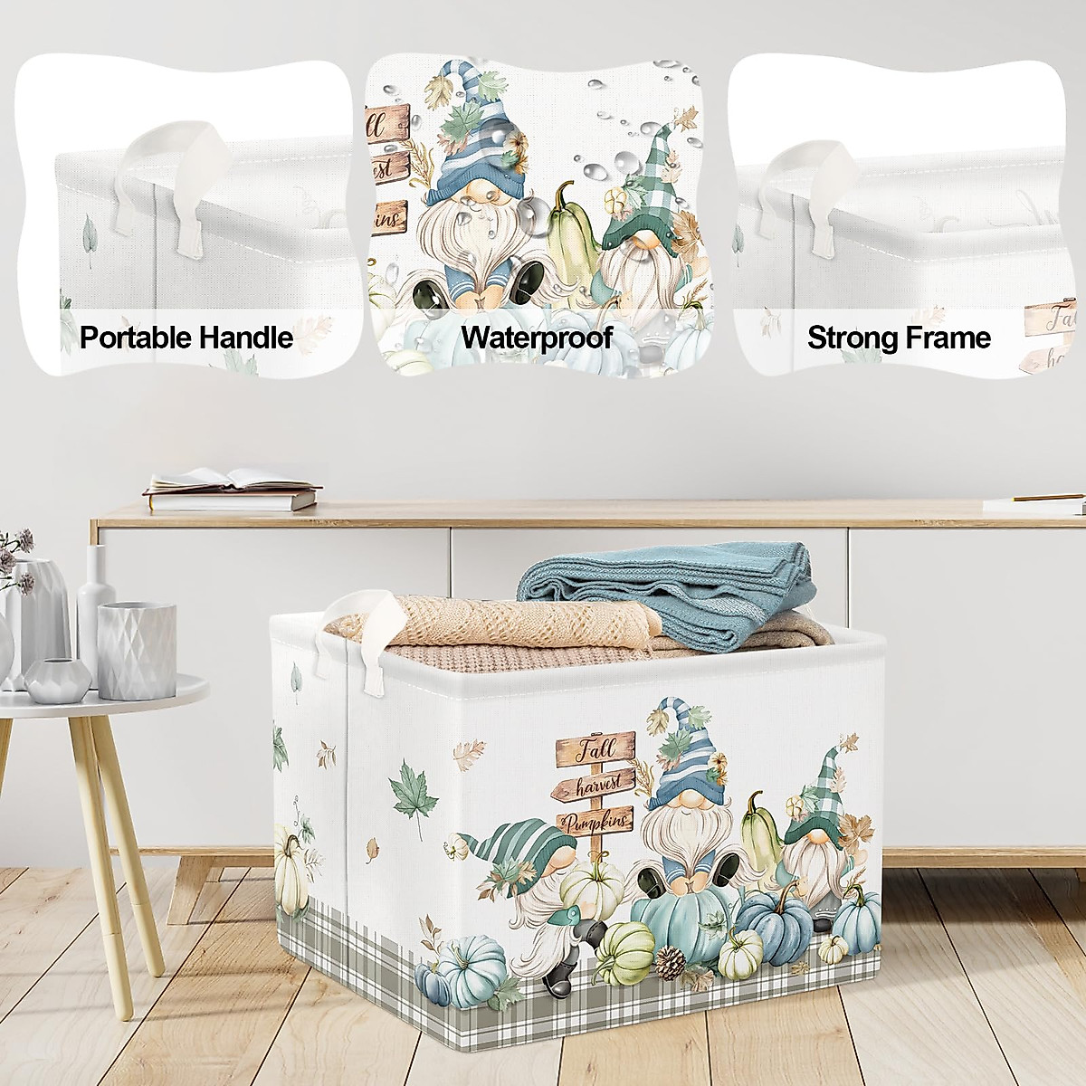 Clastyle Blue Pumpkin Gnome Thanksgiving Basket Harvest Buffalo Plaid Truck Maple Leaf Fall Gift Bin Farm Autumn Shelf Basket for Clothes Toy Book