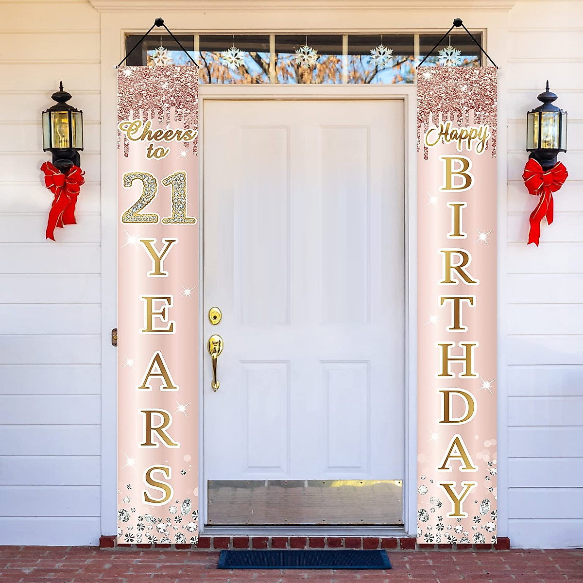 Happy 21st Birthday Door Banner Backdrop Decorations for Women, Pink Rose Gold 21 Birthday Door Cover &Porch Sign Party Supplies, 21 Year Old Birthday Decor