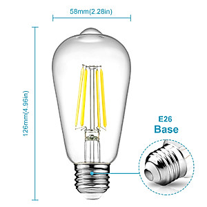 Dimmable Ascher Vintage LED Edison Bulbs, 6W, Equivalent 60W, Bright Daylight White 4000K, 80+ CRI, ST58 Antique LED Filament Bulbs, E26 Medium Base, Clear Glass, 6 Count (Pack of 1