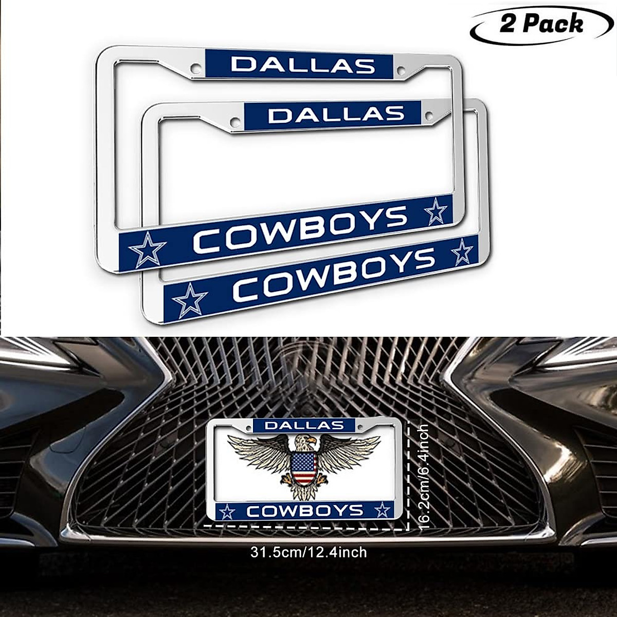 2Pcs License Plate Frame for Cowboys, Aluminum Alloy Car License Plate Bracket Covers Universal Licenses Frame Tag with Screw Caps,Rust-Proof,Rattle-Proof,Weather-Proof, (BT55)