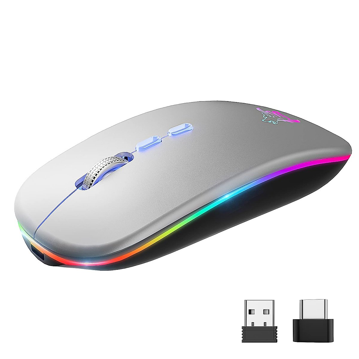 HOTLIFE LED Wireless Mouse, Slim Rechargeable Silent Bluetooth Mouse, Portable USB Optical 2.4G Wireless Bluetooth Two Mode Computer Mice with USB Receiver and Type C Adapter(Silver)