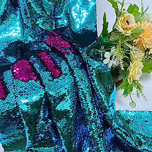 Reversible Sequin Fabric 1 Yard Long Mermaid Fabric by The Yard Turquoise to Hot Pink Two Tone Change Color Fabric Flip Sequins Fabric for Sewing Dress/Cloths/Tablecloth
