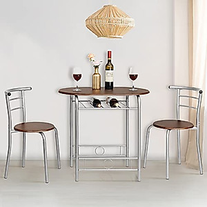 VINGLI 3 Piece Dining Set,Small Kitchen Table Set for 2,Breakfast Table Set,Kitchen Wooden Table and 2 Chairs for Small Space/Dining Room/Apartment,Metal Frame,Wine Rack,Sliver&Brown