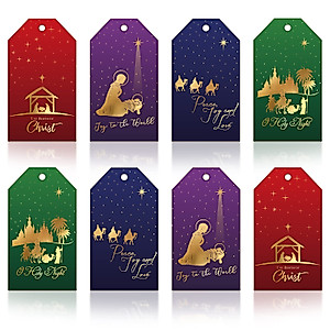 Whaline 120Pcs Christmas Paper Gift Tags Nativity Foil Gold Present Tags with 32.8Ft Twine Rope Xmas Birth of Jesus Hanging Labels Name Tags for Christmas DIY Gift Party Favor Supplies, 4 Styles
