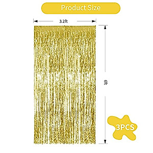 3Pcs Gold Metallic Tinsel Foil Fringe Curtains,3.28ft x 6.56ft Gold Photo Booth Backdrop Streamer,Photo Booth Props,for Party Door Wall Curtains Bachelorette Birthday, Christmas,New Year Decorations