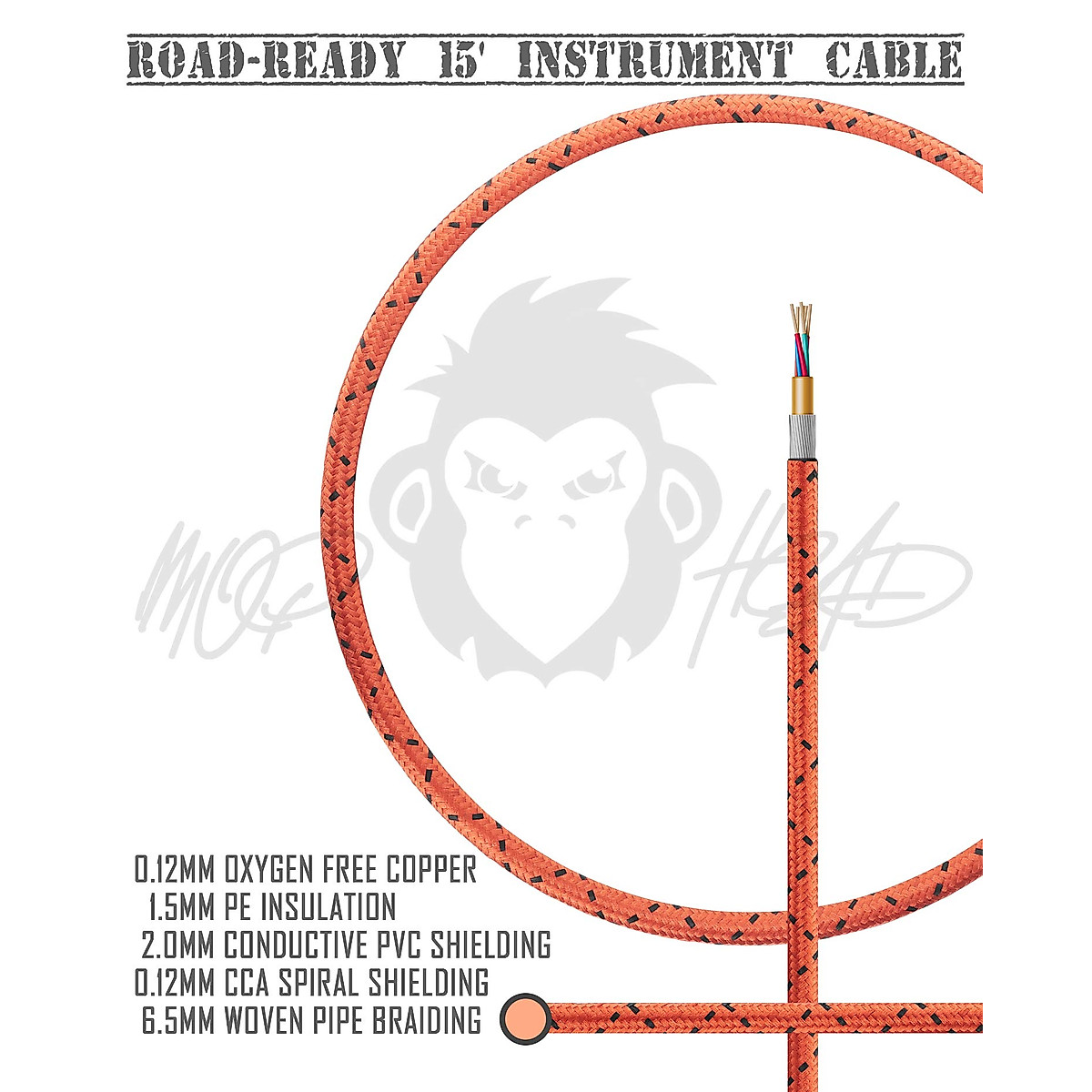 Mophead 15-Foot Guitar Instrument Cable - 1/4 Inch TS to 1/4 Inch TS Right Angle Pro Grade Double Insulated Tweed Braided for Electric Guitar, Bass, Amp, Keyboard (Red with Black Stripe)