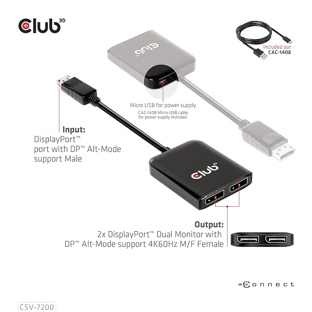 Club 3D CSV-7200 Displayport 1.4 to Displayport Dual Monitor 4K 60Hz M/F MST hub