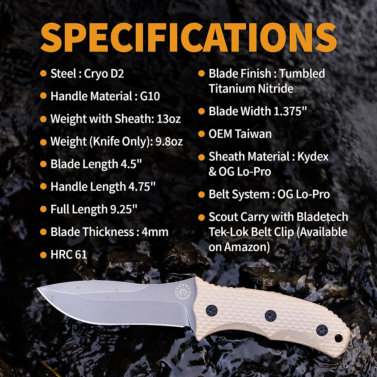 Off-Grid Knives - Backcountry Coyote V2 Fixed Blade - Cryo D2 Steel Knife with Graywash Finish, Full Tang, Coyote Tan G10 Scales, Kydex Sheath, Bushcraft, Hunting, Survival, Camping, Tactical Use
