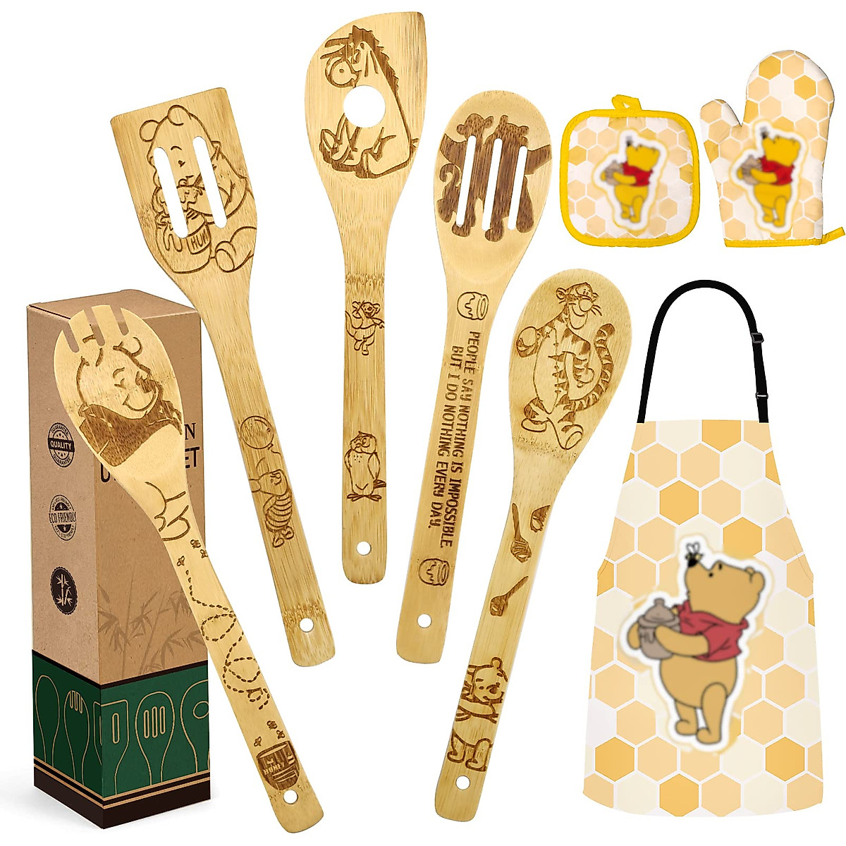 Mothers Day Gifts for Mom Christmas Gift Women Birthday Gift Cute Bear Wooden Cooking Spoons Set Bamboo Kitchen Cooking Utensils Set with Apron Oven Mitt Potholder Set