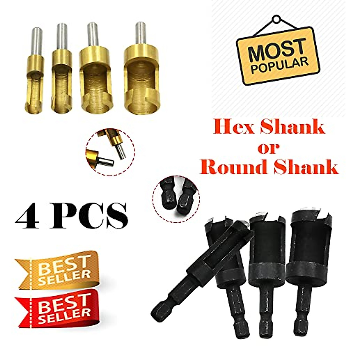 4pcs Wood Plug Hole Titanium Coated Cutter Drill Bits Set 6mm/10mm/13mm/16mm Cutting Dowel Power Woodworking Cork Hole Saw Tool Hex Shank