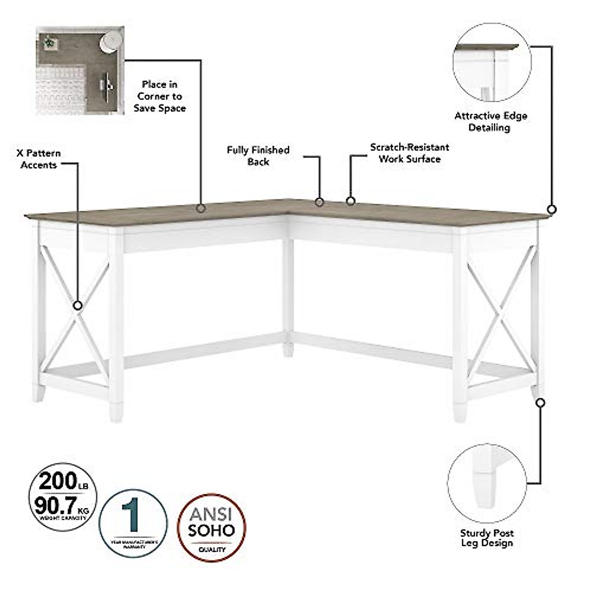 Bush Furniture Key West 60W L Shaped Desk, Pure White and Shiplap Gray & Key West 2 Drawer Lateral File Cabinet, Pure White Oak