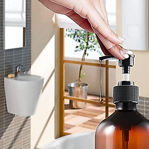 6 Pack Plastic Pump Bottles Dispenser, 16oz/500ml Empty Cylinder Shampoo Soap Dispenser, Refillable Containers with Extra Sprayer Pump Labels for Body Wash, Lotion, Gel(Amber)