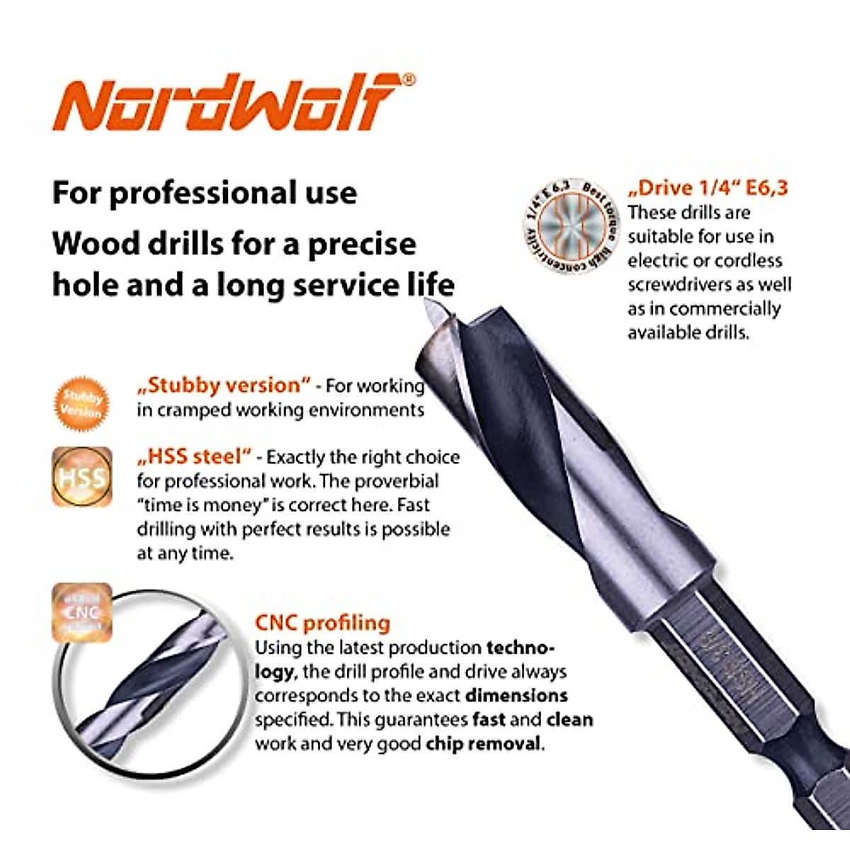NordWolf 7-Piece HSS Brad Point Stubby Wood Drill Bit Set with 1/4" Hex Shank for Carpenter Woodworking, SAE Sizes 1/16"-3/32"-1/8"-3/16"-1/4"-5/16"-3/8"