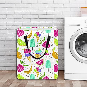 Ice Cream Cake and Fruits Print Collapsible Laundry Hamper, 60L Waterproof Laundry Baskets Washing Bin Clothes Toys Storage for Dorm Bathroom Bedroom
