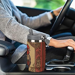 BWQJKUO Large Capacity Car Cup 30 Oz Stainless Steel Old Rooster Illustration Printed Travel Mug Leak-proof Flip Straw Tumbler with Handle,keeps Cold Or Ho
