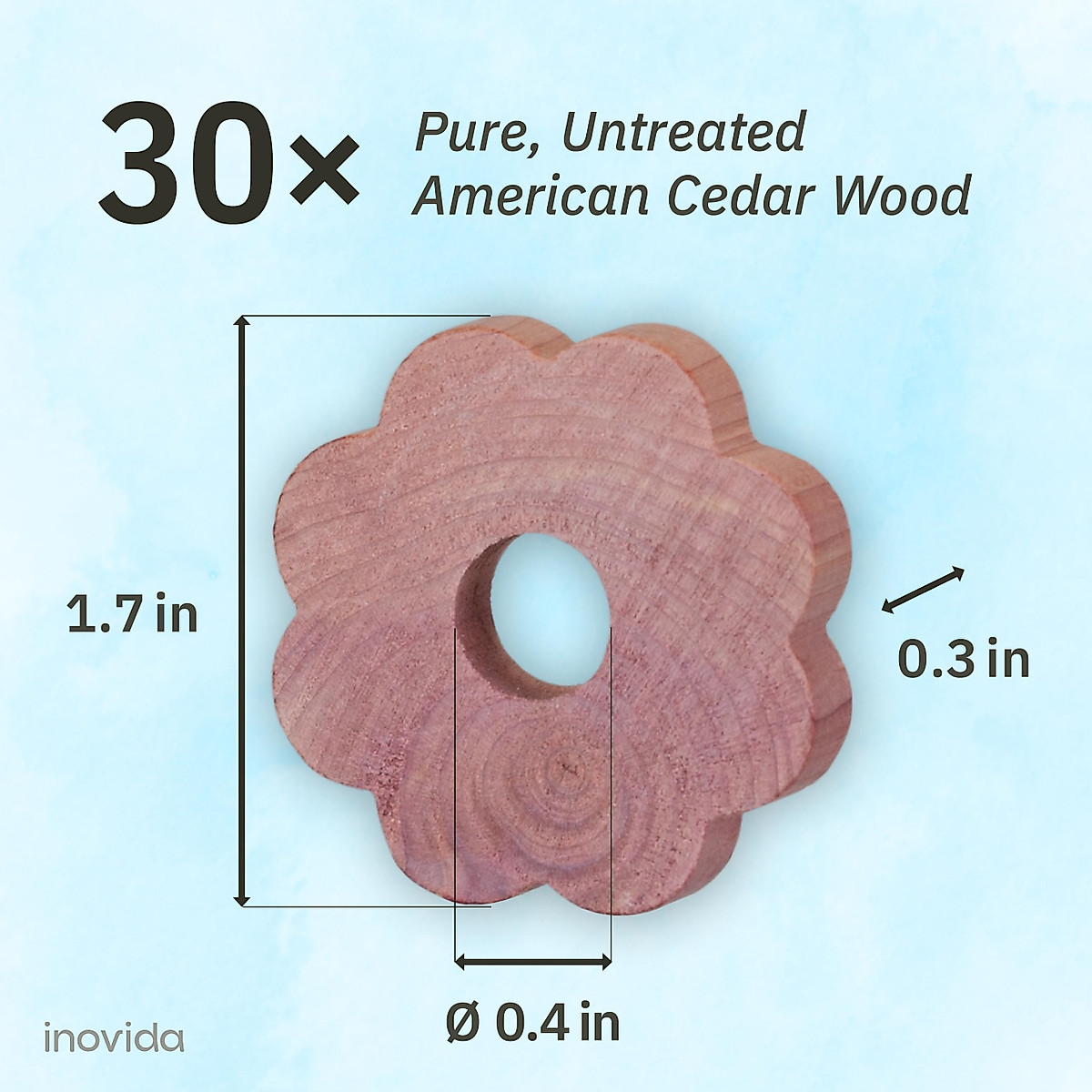 Inovida 30 American Cedar Wood Rings – Stop Clothes Damage - Wardrobe Freshener – Premium American Cedarwood Flowers for Fresh Scent in Drawers and Closets - Cedar Clothes Hangers