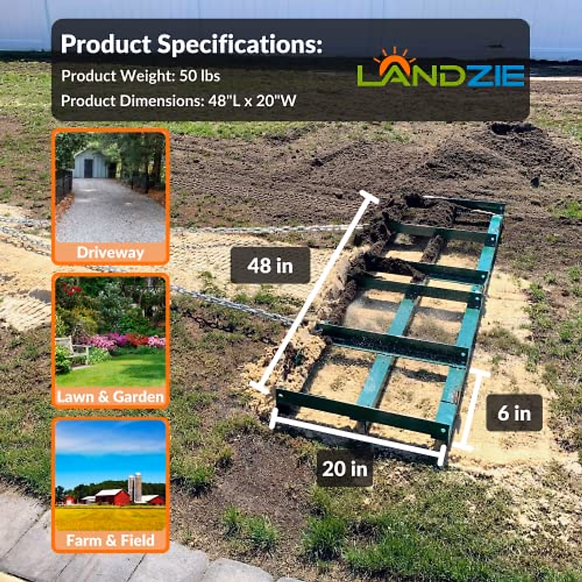 LANDZIE Drag Harrow Driveway Grader Landscape Power Rake for ATV, UTV, Tractor, Mower - 4 Ft Reinforced Steel (Two 2 ft Sections) - Tow Behind Yard Lawn Leveling Tool with 4 Ft Heavy Duty Chain