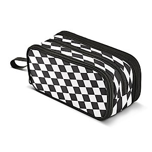 Wfrish Large Pencil Case,Black White Checkered Big Capacity Pencil Pouch 3 Compartments,Zipper Pencil Box, Back to School Supplies for Teen Girls Boy Student College Adults,Travel Essentials