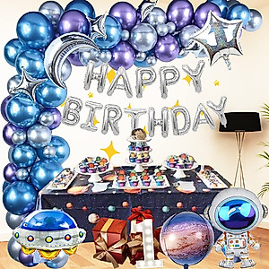 Outer Space Balloon Garland Kit, 115Pcs Universe Space Planets Party Balloon Garland Kit Included Happy Birthday UFO Rocket Astronaut Galaxy Moon Star Balloons for Kids Birthday Party Decorations