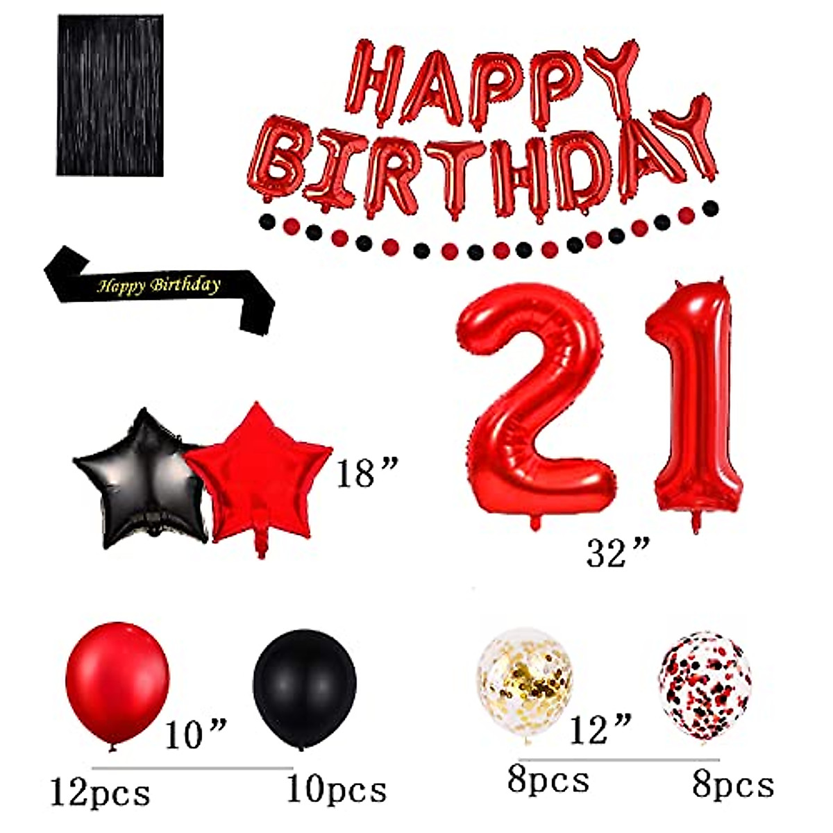 Red 21ST Birthday Party Decorations Supplies Red theme 16inch Red Foil Happy Birthday Balloons Banner Happy Birthday sash Foil Black Curtains Foil Balloons Number Red 21 Risehy