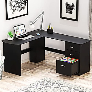 SHW L-Shaped Home Office Wood Corner Desk with 3 Drawers
