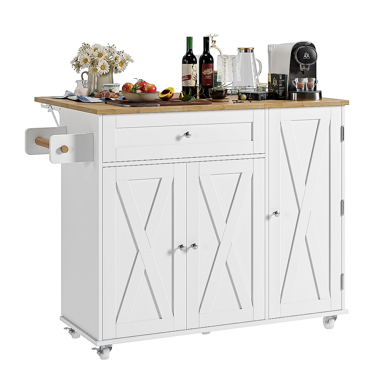 BOTLOG Kitchen Island with Storage, Island Table on Wheels with Drop Leaf, Spice Rack, Drawer, Towel Rack, Rolling Kitchen Island Cart for Dinning Room, White 15.7-27.55" D x 47.63" W x 35.43" H