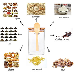 LEAVES AND TREES Y Set of 6 Square Glass Jars with Bamboo Lids and Spoons, 17 OZ Airtight Small Glass Tea Containers for Loose Tea, Coffee and Sugar Glass Container for Yogurt Jars with Lids