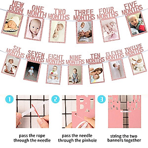 Rose Gold 1st Birthday Baby Photo Banner for Newborn to 12 Months And Alphabet ONE Bunting, Alphabet ONE Cake Topper for Baby Show First Birthday Party Decoration
