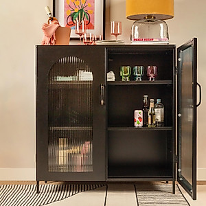 Creative Co-Op Solstice Wide Metal 2 Adjustable Storage Shelves and Arched Glass Door, Black Accent Cabinet, 40"