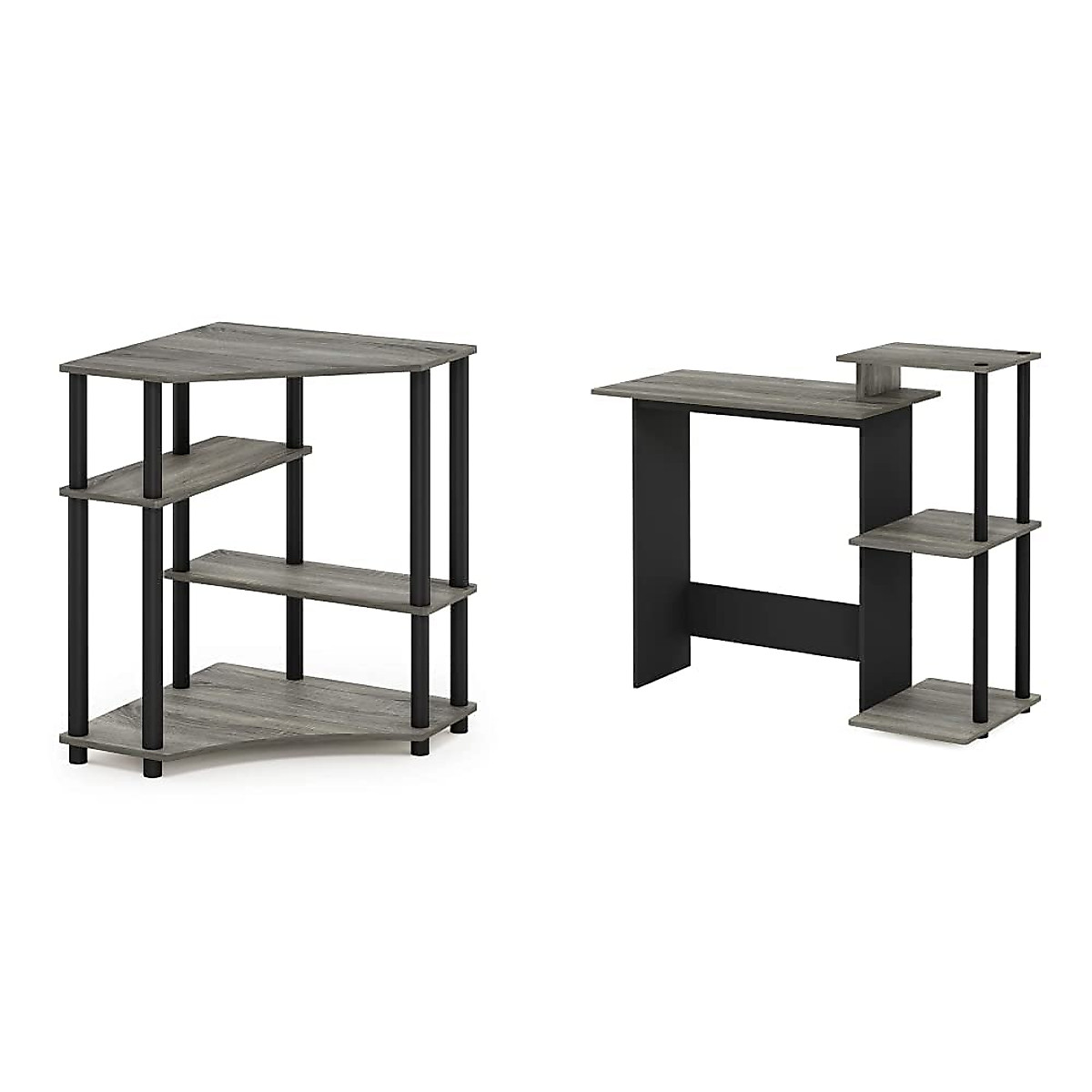 Furinno Turn-N-Tube Space Saving Corner Desk, French Oak Grey/Black Efficient Home Laptop Notebook Computer Desk with Square Shelves, French Oak Grey/Black