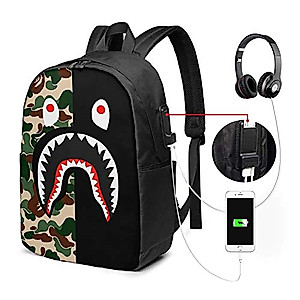 Unisex 17 Inch Laptop Backpack Waterproof Casual Camo Anime Shark Art Book Bags Backpack With Usb Charging/ Headphone Port, Back To School Gym Handbag