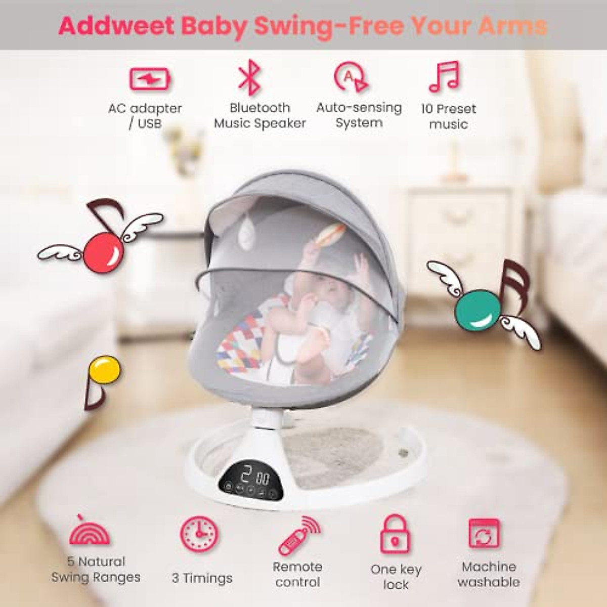 Addweet Baby Swings for Infants, Portable Bluetooth Enabled Baby Rocker with 5 Natural Swing Ranges & 10 Preset Sleep Music, Auto-Sensing Start-Stop System, Remote Control Newborn Swing (Grey)