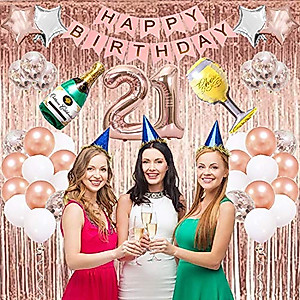 21st Birthday Decorations|21st Birthday Decorations for her|21st Birthday Decorations Rose Gold with Photo Booth Backdrop, Happy Birthday Banner, Confetti and Mylar Balloons