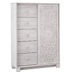 Signature Design by Ashley Paxberry Boho 5 Drawer Dressing Chest with Slider Door & 3 Adjustable Shelves, Whitewash
