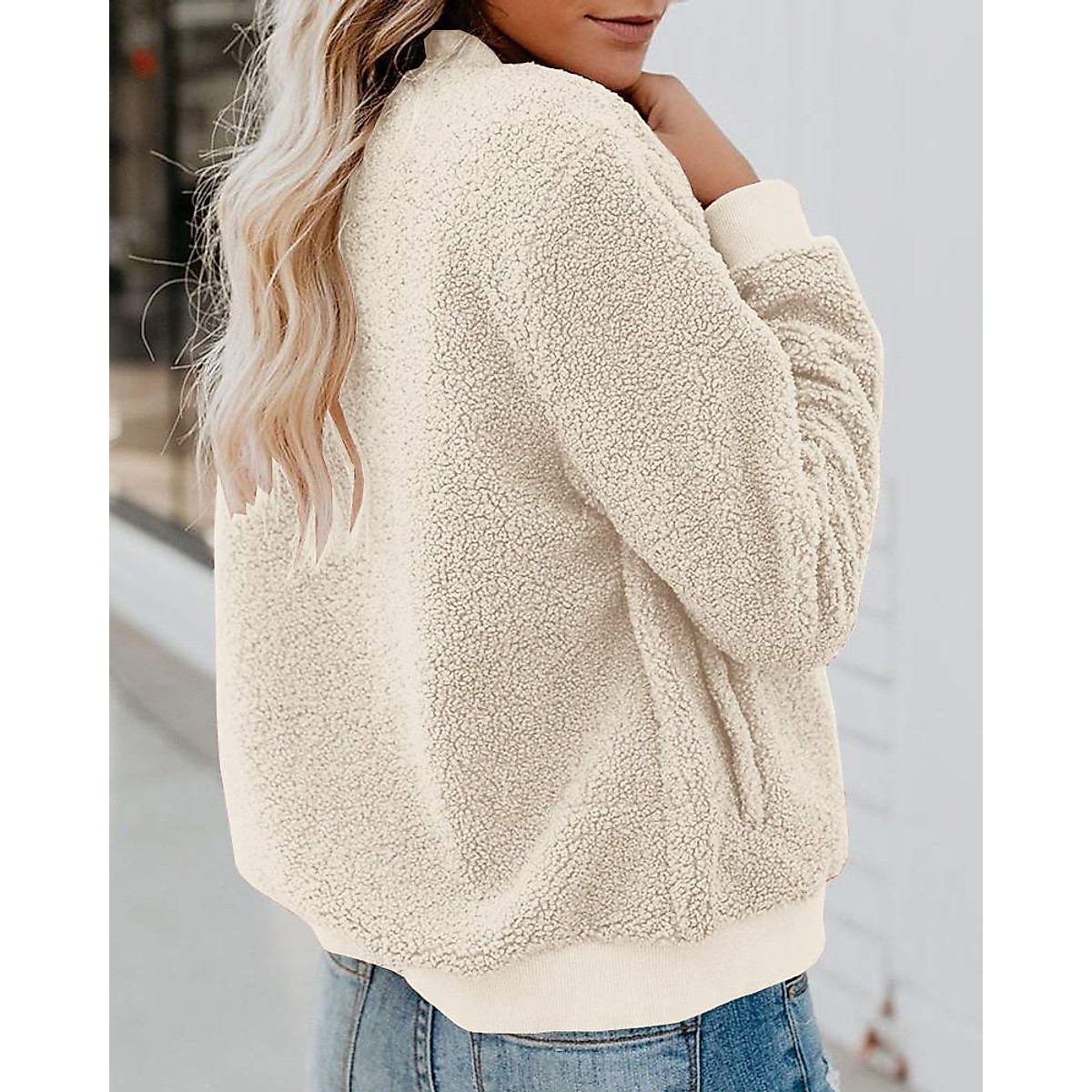 Eurivicy Women Fleece Jacket Winter Bomber Long Sleeve Faux Sherpa Fuzzy Casual Zip Up Coat Pocket