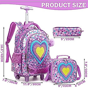 Meetbelify Girls Rolling Backpack Kids Rolling Backpacks with Wheels for Girls Elementary Kindergarten Sequin School Bag Travel Suitcase Luggage with Lunch Box for Girls 6-12