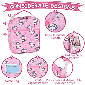 Kasqo Lunch Box Bag for Girls, Insulated Cute Lunch Bag with Shoulder strap Water Bottle Holder Mini Cooler Thermal Meal Tote Kit for Kids, Pink Kitten