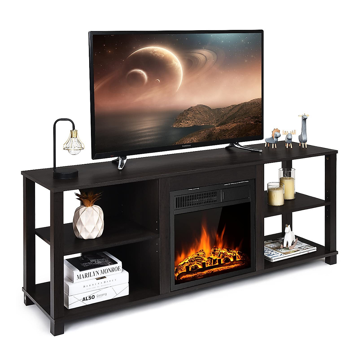 Tangkula Fireplace TV Stand for 65 inches TV, with 18 inches 1500W Recessed Electric Fireplace with 7 Flame Setting & Remote Control,Faux Fireplace TV Stand