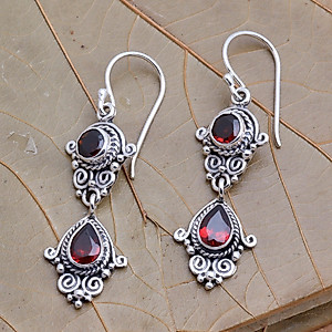 NOVICA Artisan Handmade Garnet Dangle Earrings Crafted .925 Sterling Silver Indonesia Gemstone Balinese Traditional 'Traditional Ways'