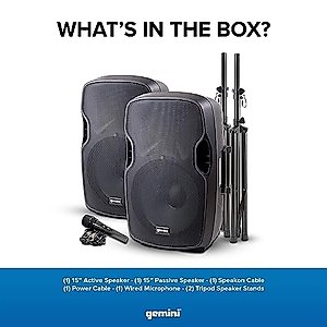 Gemini Sound Bluetooth Dual Active/Passive 15" Inch Woofer 2000W Watts Speaker PA System, XLR Input/Output, 1/4" Inch Mic, RCA/AUX Inputs, USB SD Card, Mixer Stands Cables Microphone Set Bundle