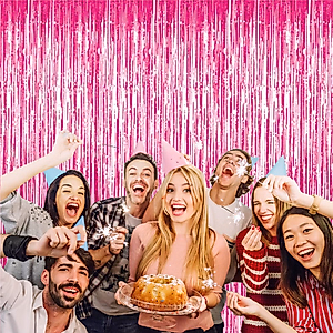 GOER 3.2 ft x 9.8 ft Metallic Tinsel Foil Fringe Curtains Party Photo Backdrop Party Streamers for Galentines Day,Birthday,Graduation,New Year Eve Decorations Wedding Decor (5 Packs,Hot Pink)