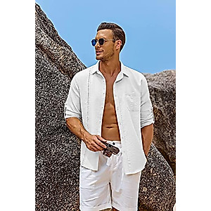 COOFANDY Guayabera Shirts for Men Long Sleeve Cuban Beach Shirts Casual Linen Button Down Shirts White