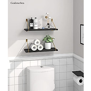 Godimerhea Black Floating Shelves for Wall, Set of 2 Wall Mounted Hanging Wood Shelf with Gold Brackets, Modern Luxury Decor Organizers Storage Shelves for Bathroom, Living Room, Bedroom